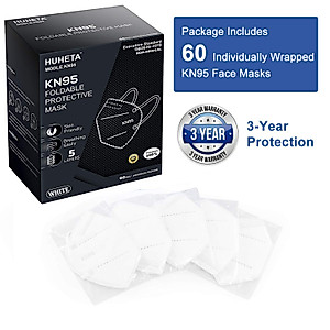 HUHETA KN95 Face Mask 60 Pack, 5-Ply Breathable & Comfortable Safety Mask, Filter Efficiency>=95%, Protective Cup Dust Masks Against PM2.5 - Individually Wrapped (White Mask)