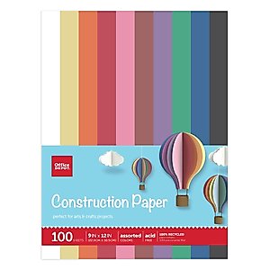 Office Depot® Brand Construction Paper, 9" x 12", 100% Recycled, Assorted Colors, Pack Of 100 Sheets
