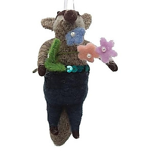 OnHoliday Wool Felt Raccoon in Shorts with Flowers Hanging Christmas Tree Ornament.