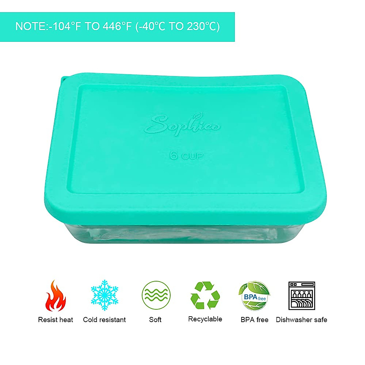 Sophico 6 Cup Rectangle Silicone Storage Cover Lids Replacement for Pyrex 7211-PC Glass Bowls, Container not Included (Mint)