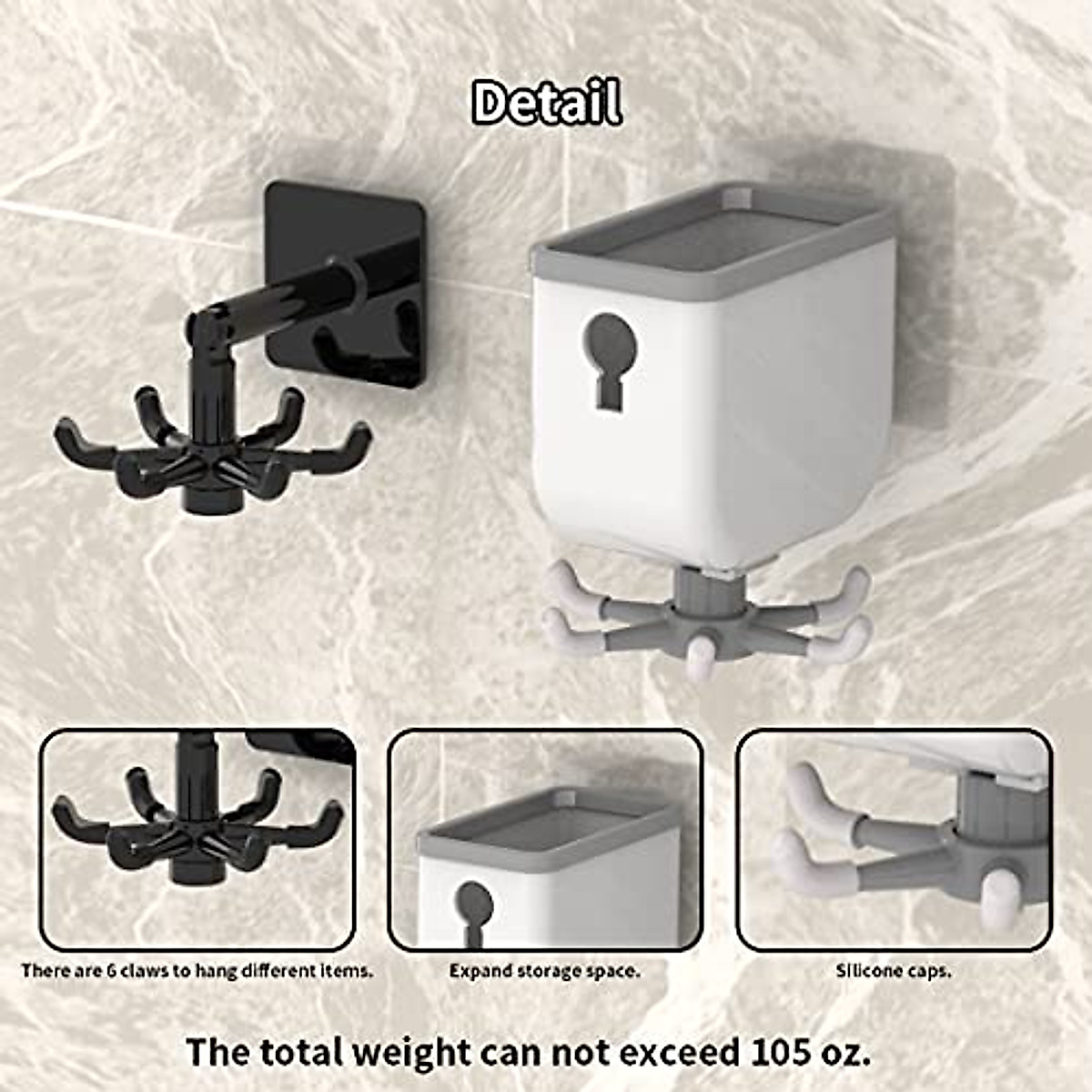 YODAR Kitchen Hanging Utensil Holder Hanger & 360 Degrees Rotating Folding Hooks for Hanging, Wall Mounted Self Adhesive Waterproof Utility Hook for Home Bathroom Office, 2 PCS Black & 2 PCS Grey