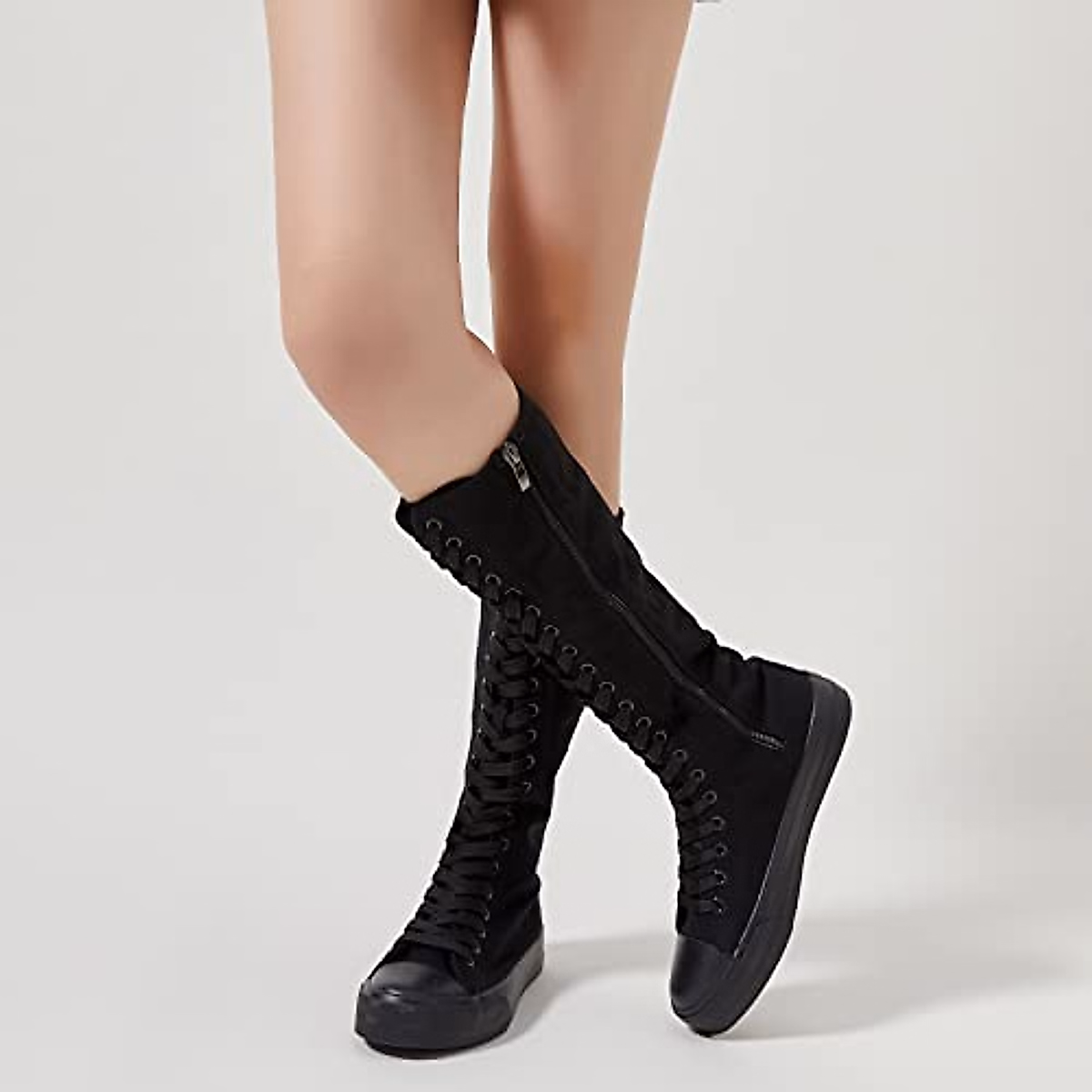 ZGR Women’s Canvas High Top Shoes Knee High Boots Fashion Girl Fancy Scool Shoes White And Black Lace Up Zipper Sneakers For Women(Black;US09.5)