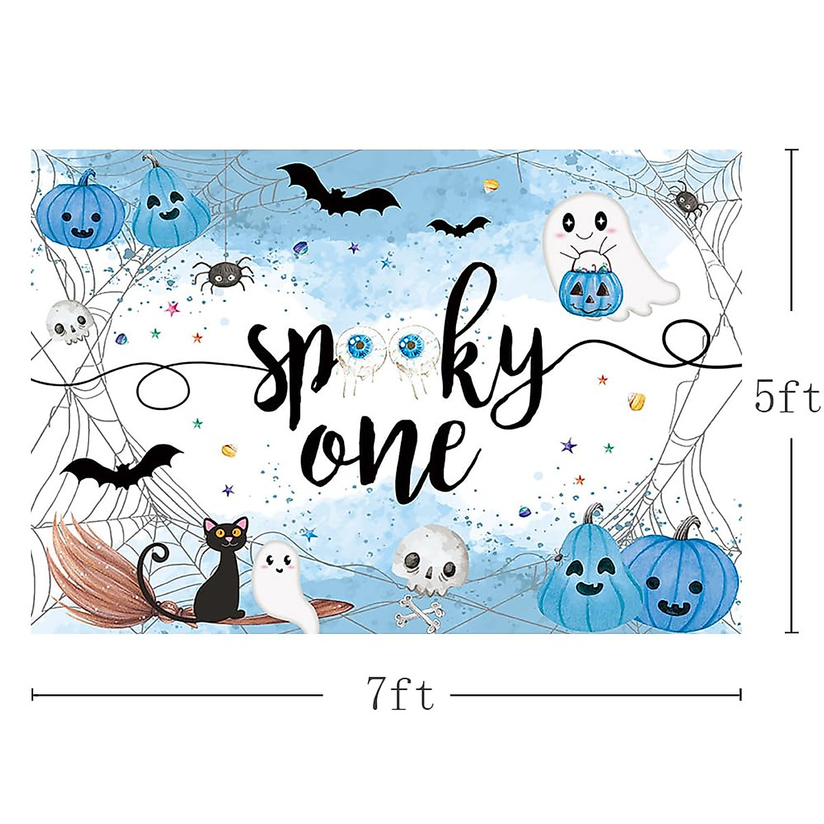MEHOFOND 7x5ft Halloween Spooky One Backdrop Blue Watercolor Little Boo Baby Shower Photography Background for Boys Bat Spider Web Blue Pumpkin Skull Ghost Photo Shoot Props