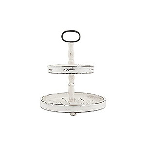 Creative Co-op EC0125 Distressed Wood 2-Tier Tray with Metal Handle, Cream