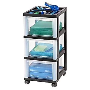 IRIS USA MC-303-TOP Plastic Storage Drawer, Rolling Cart with Organizer Top, 3, Black