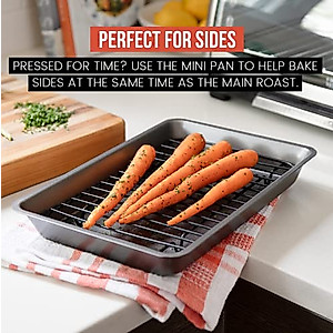 Chef Pomodoro Nonstick Carbon Steel Small Roasting Pan Roaster with Flat Rack, Grey, Bakeware Toaster Oven Countertop Oven Baking, Single Serving (Mini)