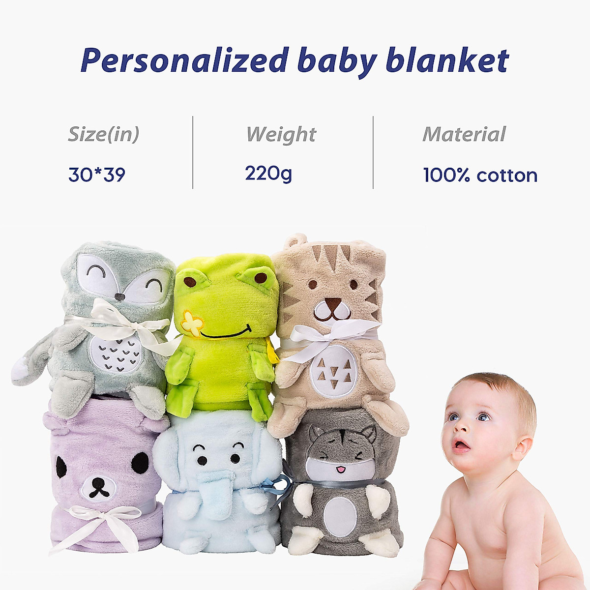 TedYoho Personalized Flannel Blanket for Baby,Custom Unisex Baby Plush Blanket with Animal Design,Newborn Security Blanket or Infant Gift with Name(Fox)