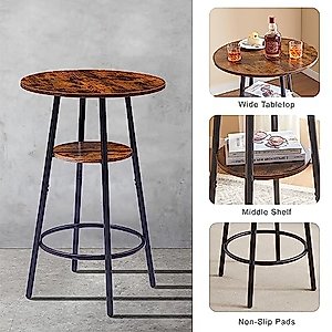 Tensun Bistro Table and Chairs Set of 2, Pub High Top Round Table and Chairs Set with Upholstered Cushion, Storage Shelf and Backrest, 3-Piece Bar Stool Set for Breakfast Nook, Rustic Brown
