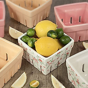 AELS Ceramic Berry Basket, Farmhouse Fruit Bowl Container for Fruit & Vegetables, Farmers Market, Pink Floral Pattern, Kitchen Decor, Stoneware Harvest Bowls, Set of 4