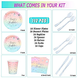 Pastel Party Decorations - Plates, Cups, Napkins & Sturdy Silverware for Rainbow Baby Shower, Birthday or Girl Pajama Party - Serves 16
