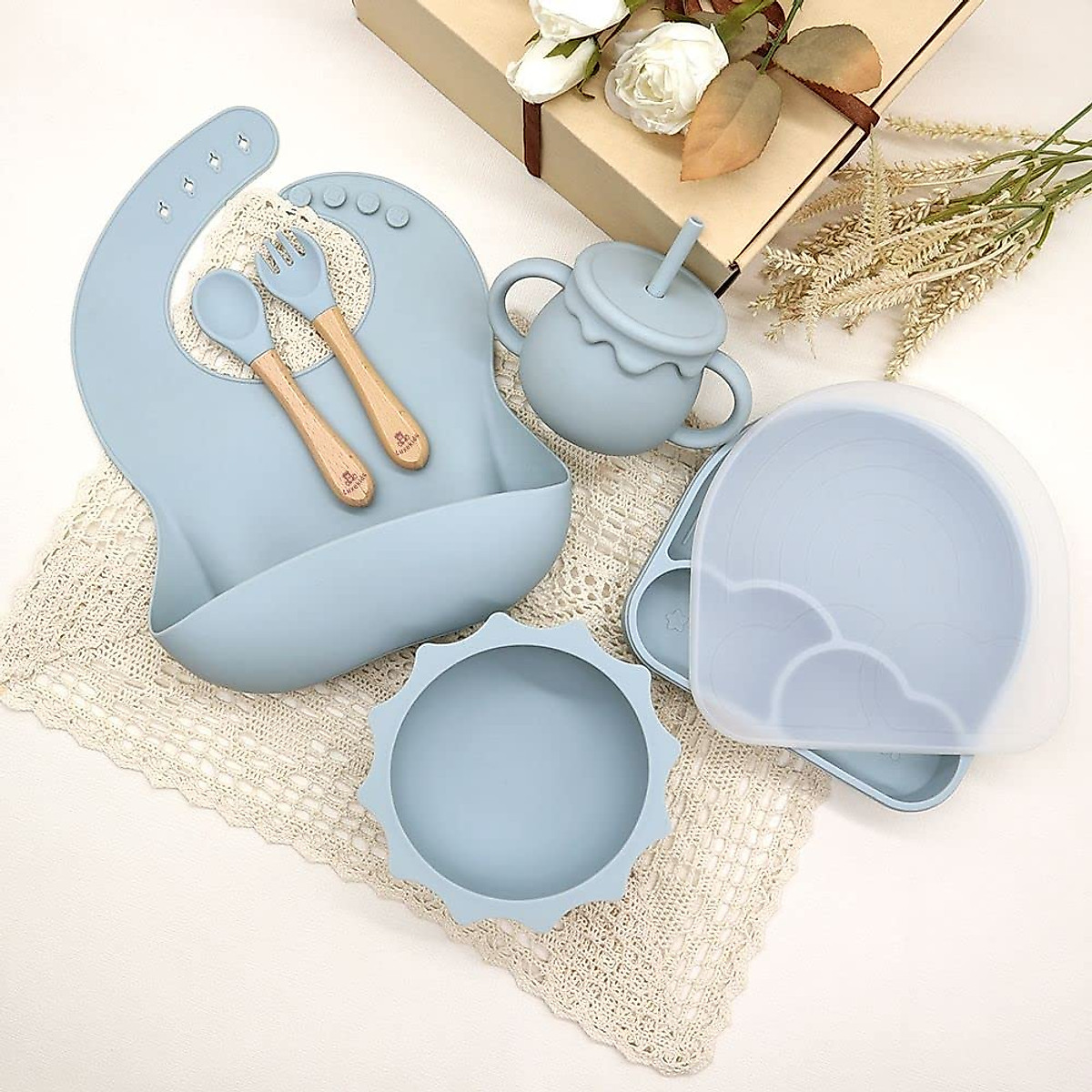 Luxekids Silicone Baby Feeding Set - 6 Pieces Toddler Utensils Set with Baby Plates and Bowls with Suction, Baby Spoons, Forks, Sippy Cup (Dark Blue)