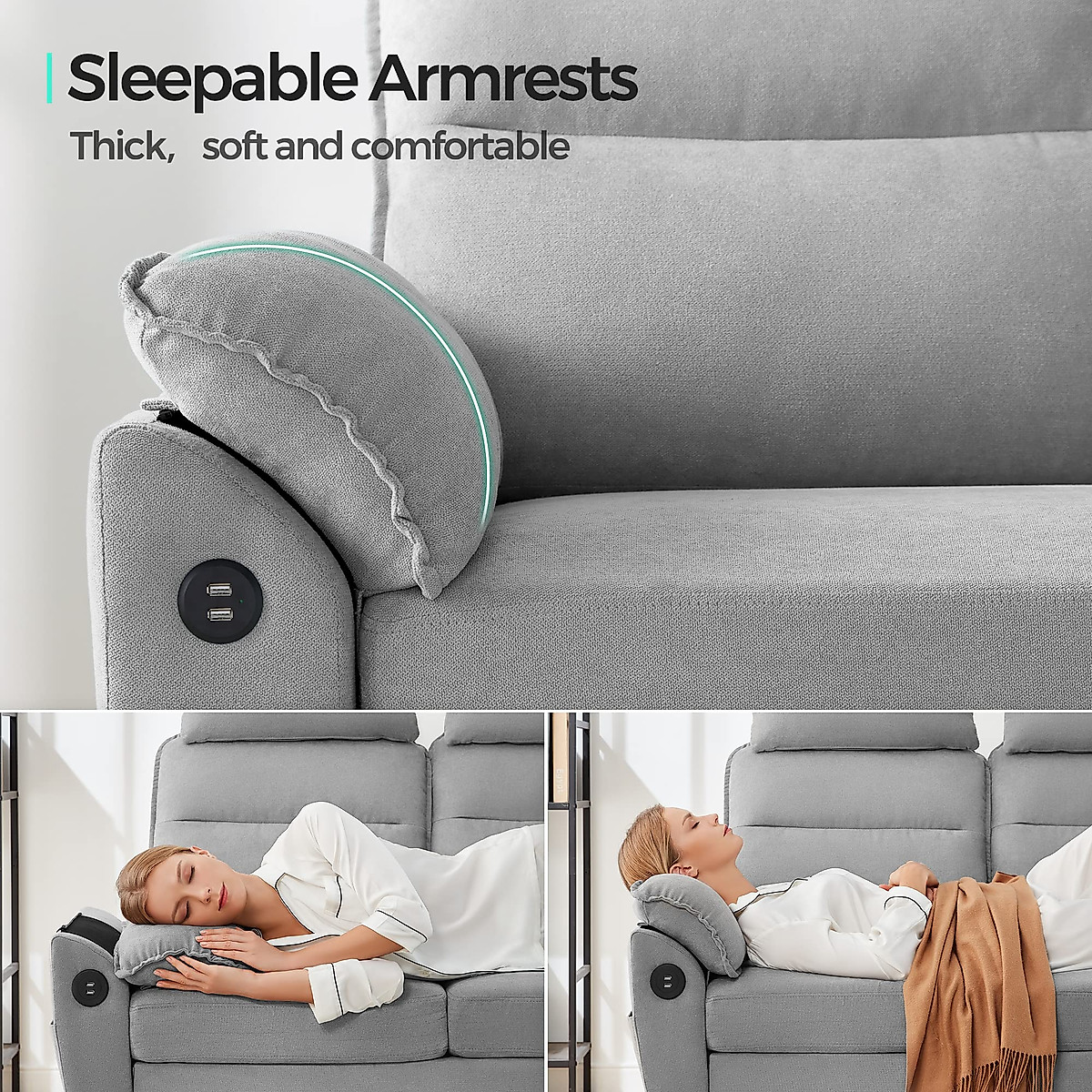 Sectional Sofa Couch, 3 Seat Small Couch with 2 USB Ports and Storage Pockets, Easy to Clean, Modern Small Sofa for Small Spaces, Living Room, Apartment, Gray