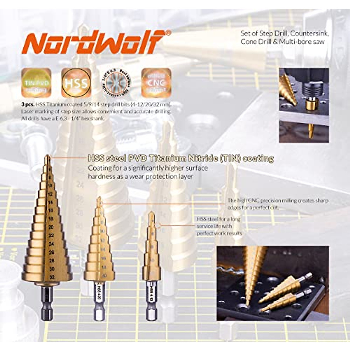NordWolf 12-Piece HSS Titanium Metric Step, Countersink, Cone Drills with 1/4" Hex Shank, Multi Drill Saw & Automatic Center Punch Combination Set in Storage Case