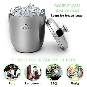 ELITRA Home Stainless Steel Ice Bucket & Wine Chiller with Tongs & Lid - Double Wall Insulated, 3 Liter - Silver