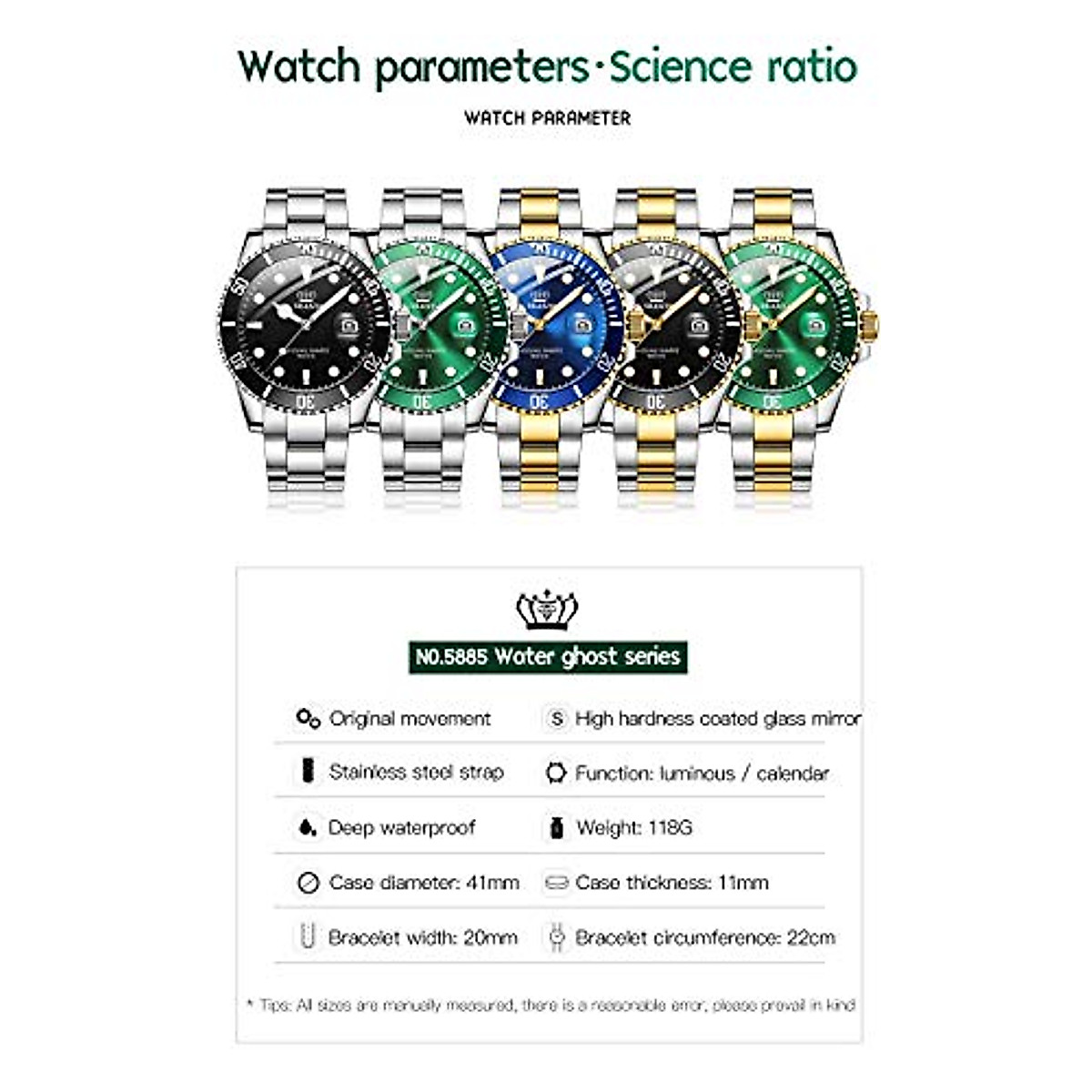 OLEVS Black Watches for Men Classic with Date Business Dress Luxury Large Face Green/Silver/Blue Waterproof Luminous Mens Wrist Watch Analog Two Tone Stainless Steel Reloj para Hombre