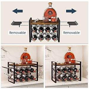JAFUSI Wine Rack with Glass Holder, Countertop Wine Rack Metal Frame, Wine Holder Stand with Wooden Tray, Bottles Rack for Home Decor Kitchen Storage (Hold 12 Bottles and 4-6 Glasses)
