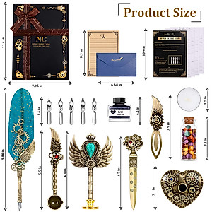 NC Quill Pen and Ink Set, Feather Pen Ink Set, Wax Seal Stamp Set, Feather Calligraphy Pen Set, Valentine’s Day Gift for Writing Lovers Birthday Gift, Holiday Ideal Gift (Green)