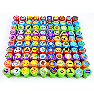 JOYIN 100PCS Assorted Stamps for Kids Self-Ink Stamps for Party Favor, Teacher Stamps, Kids Treasure Box, Prize for Classroom, Easter Egg Stuffers (50 Designs, Dinosaur, Halloween Stampers)