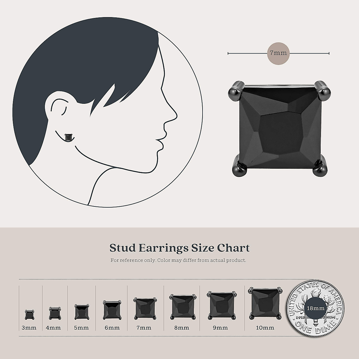 Black Rhodium over Sterling Silver Black CZ Square Princess Stud Earrings 7x7mm