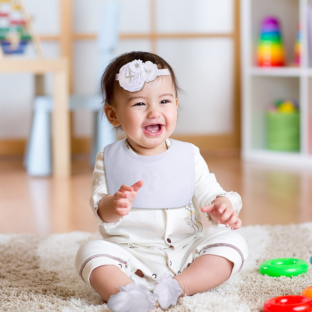 Geyoga 3 Pcs Baptism Bib for Baby Girl Baptism Candle Set Socks Pearl Headband Embroidered White Christening Outfit Bib