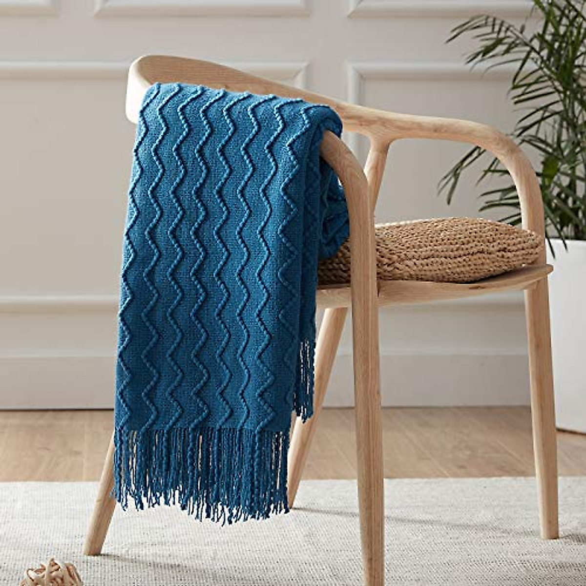 NexHome Throw Blanket for Bed Blue Decorative Knit Blanket with Tassel Fringe Soft Lightweight Zigzag Textured Boho Throws (50"x60" Royal Blue)