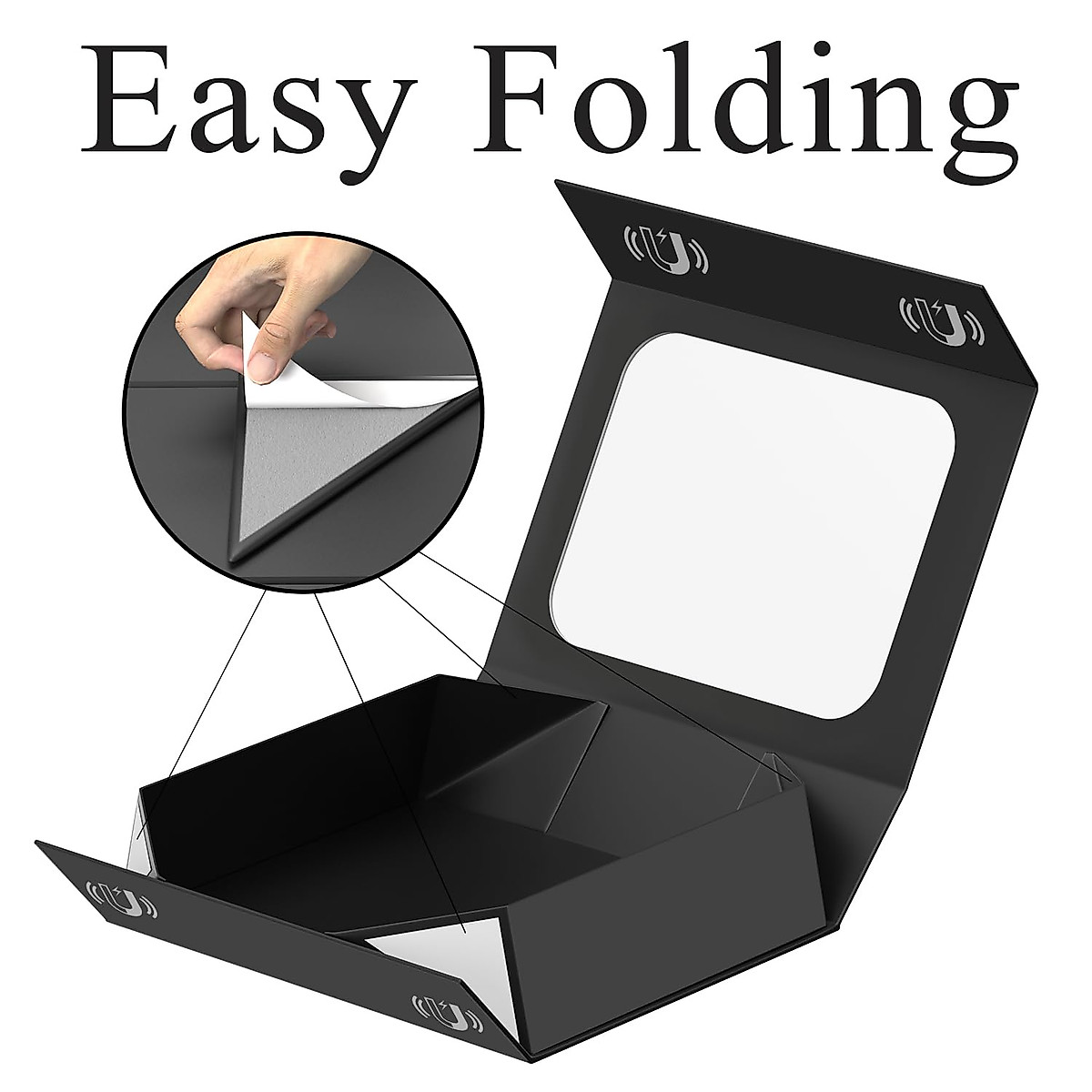 PSHVYM Large Gift Box with Window, 13.5x9x4.3 In Black Gift Box for Presents Magnetic Lids Collapsible for Groomsmen Proposal Box, Birthday, Graduation, Christmas, Contains Card, Ribbon