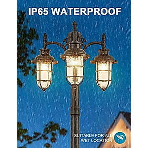 CMRCOZIRA Triple-Head Street Light with Outlet, Nautical Style Outdoor Post Light, IP65 Outdoor Lamp Post Lights with Clear Seeded Glass, Outdoor Street Light Matte Black for Street, Garden, Driveway