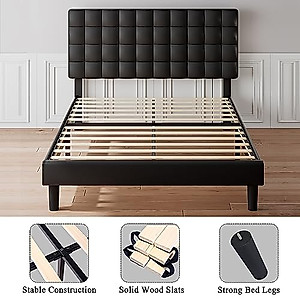 iPormis Full Size Platform Bed Frame, Faux Leather Upholstered Bed Frame with Square Tufted Headboard, Wood Slats Support, No Box Spring Needed, Easy Assembly, Black