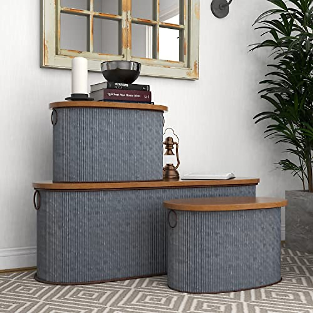 Deco 79 Metal Storage Bench with Brown Wood Top, Set of 3 48", 23", 23"W, Brown