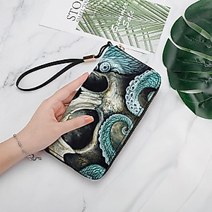 Octopus and Skull Women’s Long Wallet PU Clutch Purse with Wristlet Strap Zipper Mini Handbag