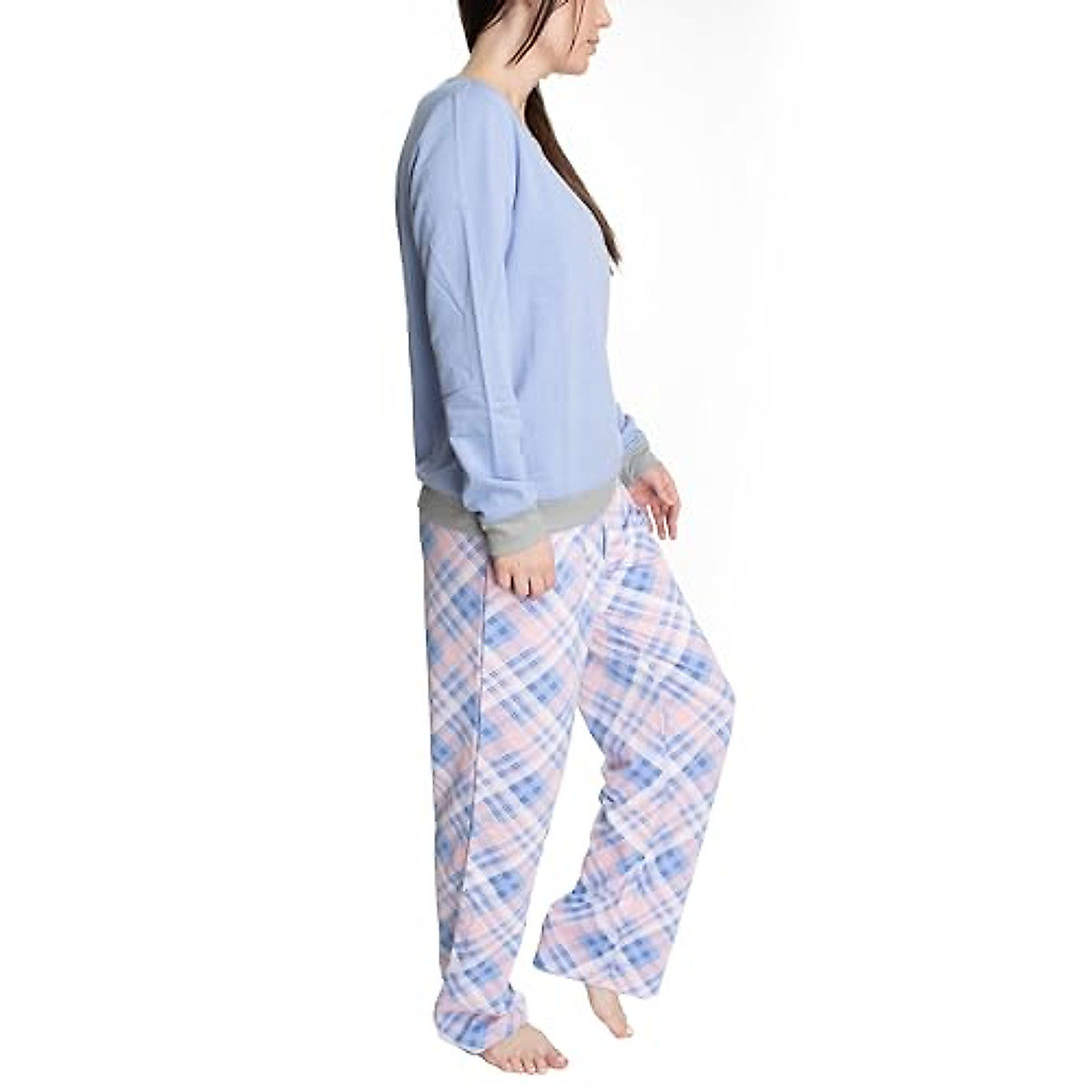 Hanes Women's Holiday Hibernation Longsleeve Top and Pajama Bottom French Terry Sleep and Lounge Set, Blue/Sugar Plaid, Large