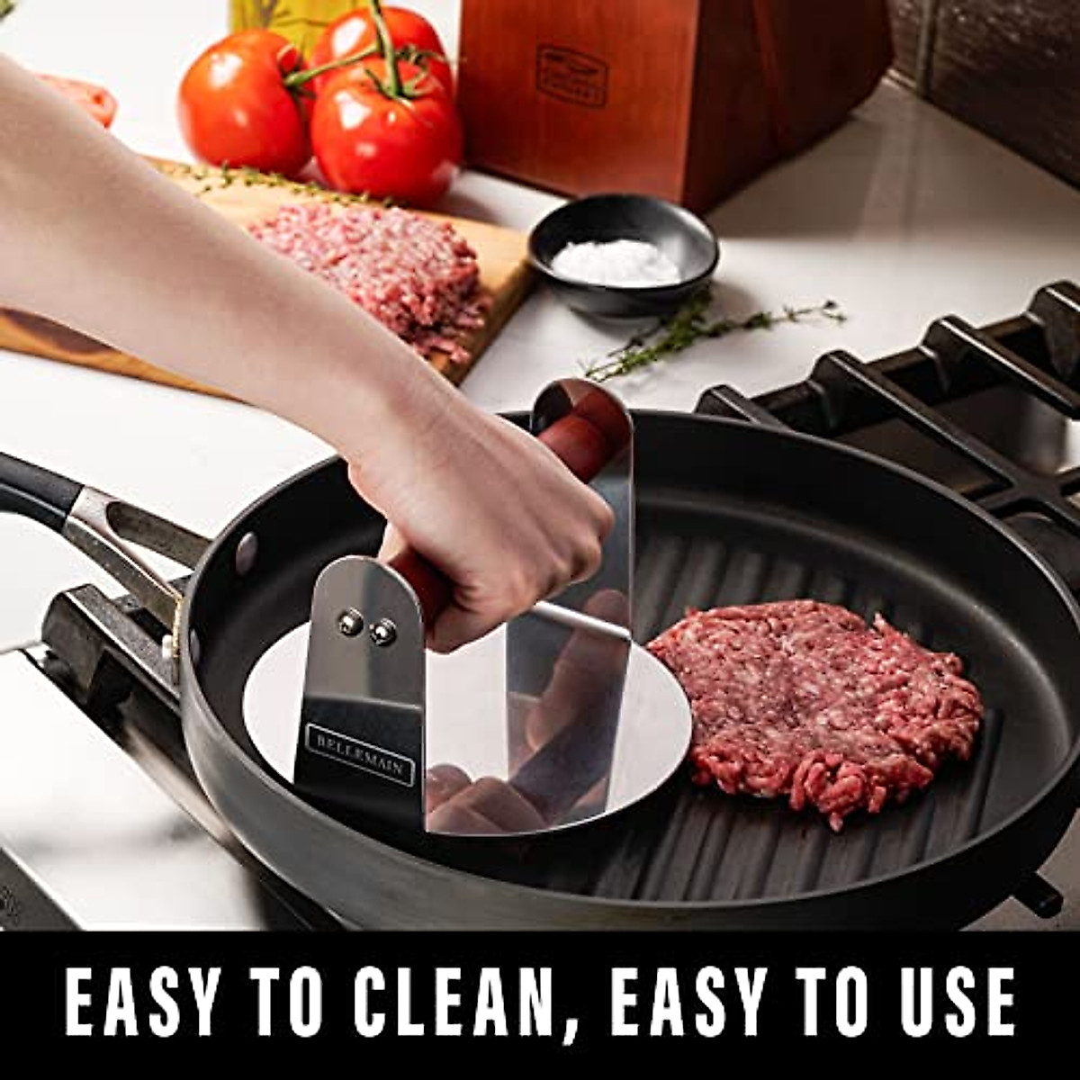 Bellemain Smash Burger Press for Griddle, Grill - Hamburger Press Patty Maker, Stainless Steel Meat Flattener Tool, Burger Smasher for Cooking - Wood Handle, 6” Round
