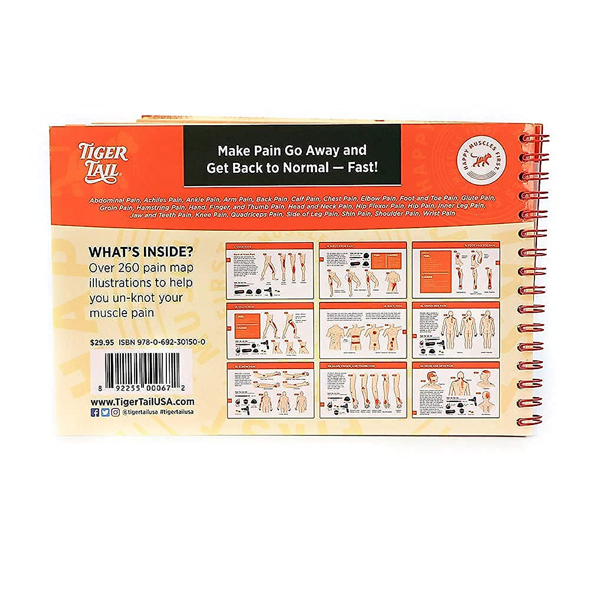 Tiger Tail Bundle: 18in Portable Massage Stick Portable Roller + The Big One Foam Roller + The Stretchy Tiger 80" Stretch/Yoga Strap + Happy Muscles Book