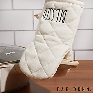 Rae Dunn Mini Oven Mitts Heat Resistant, Quilted Cooking Gloves for Cooking, Grilling, Baking, Kitchen Décor, Home Essentials, Blessed, Cream