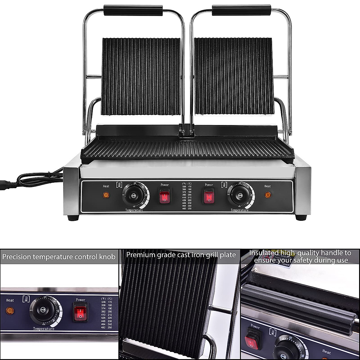 Bavnnro 110V Commercial Sandwich Machine,Commercial Sandwich Panini Press,Power 2x1800W,Temperature Control 122°F-572°F,Commercial Kitchen Equipment(Souble Grooved Plates）