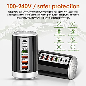 USB C Charging Station with 6 Ports, 65W PD & QC Multiport USB Charging Hub Family (Black)