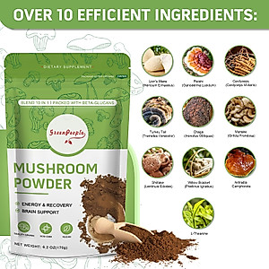 GREENPEOPLE Mushroom Powder - Mushrooms Supplement Blend for Coffee & Smoothies - Lions Mane, Turkey Tail, Reishi, Chaga, Shiitake, Cordyceps, Complex - 6.2oz Mushroom Supplement(60 Servings)