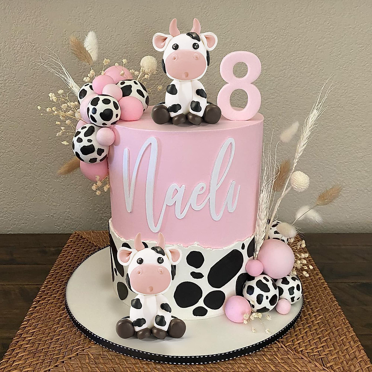 KEEPARTY Cow & Ball Cake Toppers, 26pcs, Farm Animal Themed, Clay, Pink and White, for Baby Shower, Birthday, Girls and Boys Party Supplies