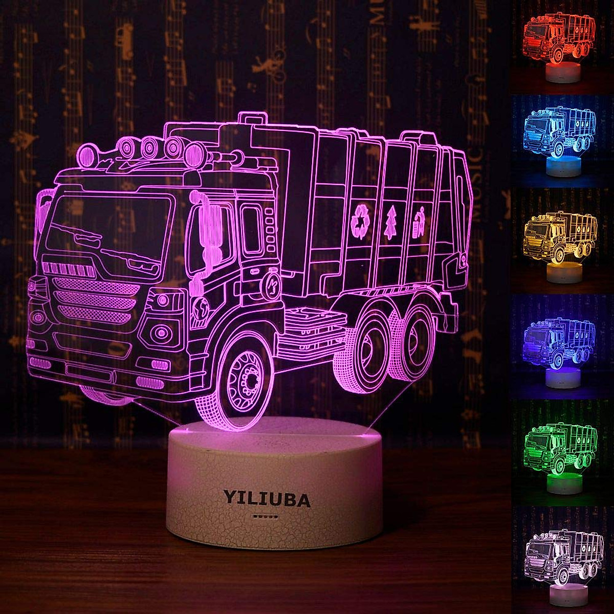 Garbage Truck Car Gift Night Lights for Kids 3D Lamp LED Desk Lamps for Boys Decor Bedroom Room USB plugs 7 Color Gradual Changing Truck Light or Birthday Xmas Party Festival Decor Children Gifts