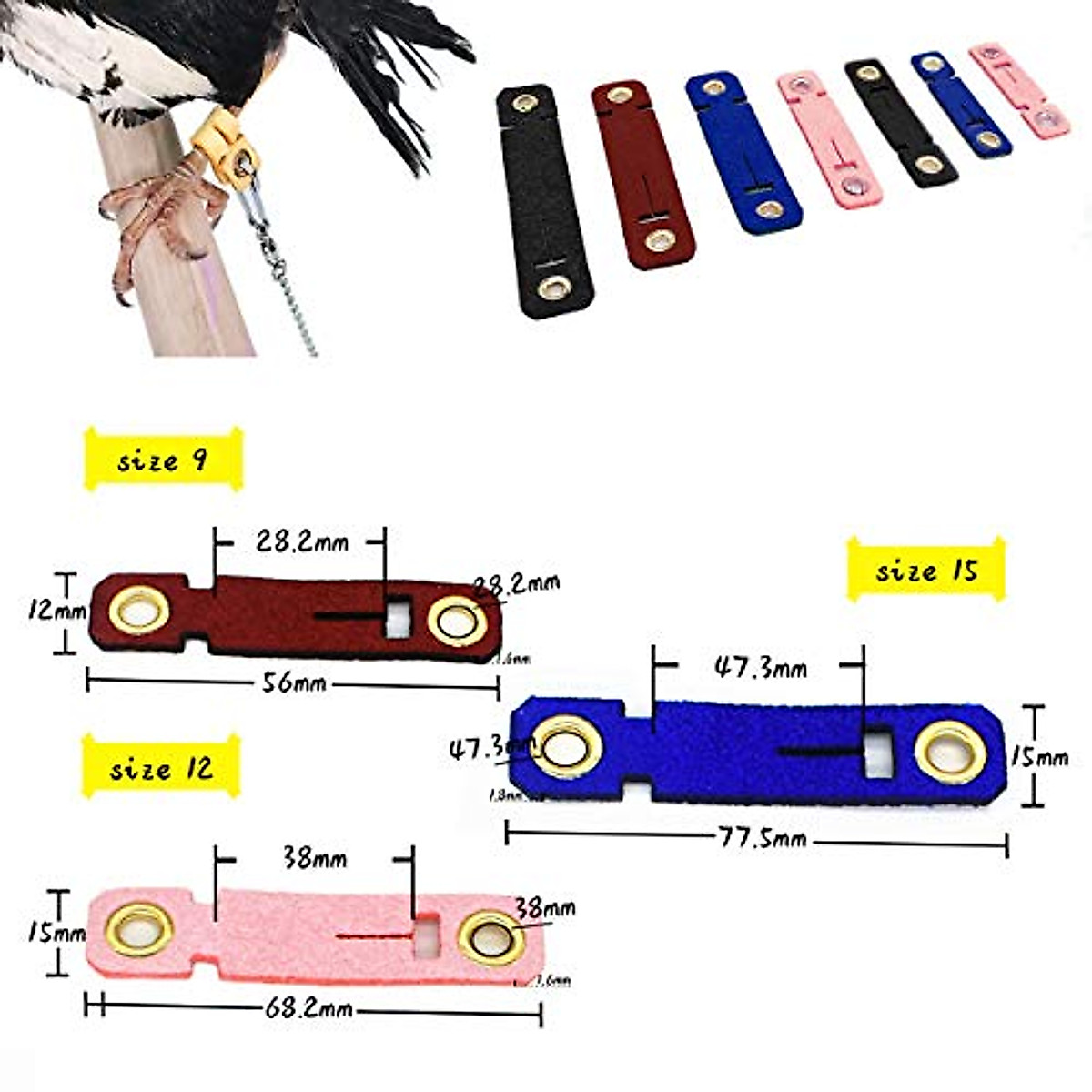 Bonaweite 4Pack Birds Foot Rings, Parrot Leg Bands Opening Feet Ring, Suede Cloth Bird Foot Protector Identification for Pigeons African Grey Cockatoo Macaw Ringneck Parakeet Cockatiel