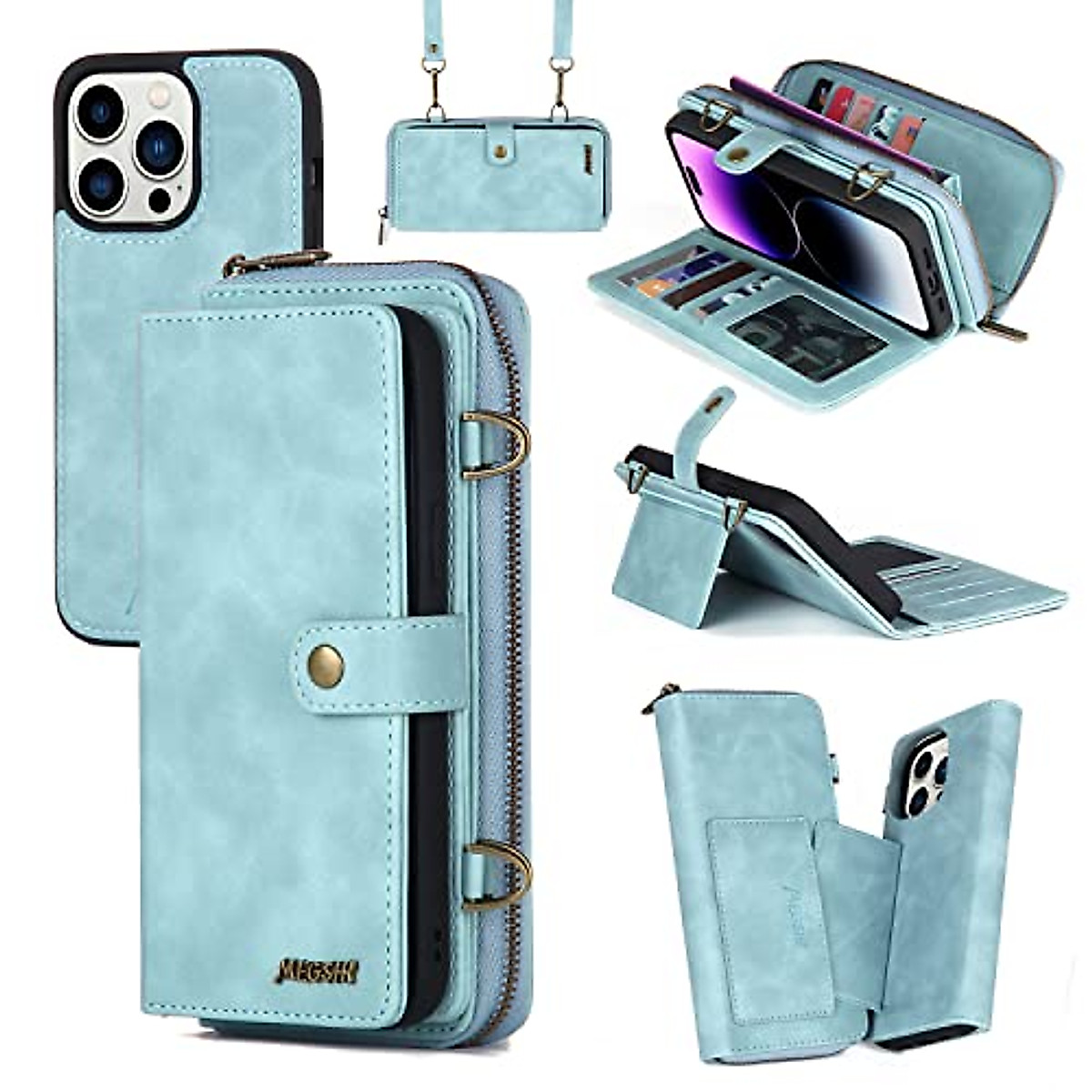 QIXIU for iPhone 16 Pro Wallet Case[13 Card Slots]:Multi-Function,Detachable 3 in 1,Flip Strap Zipper Card Holder Phone Case with Shoulder Straps(Blue)