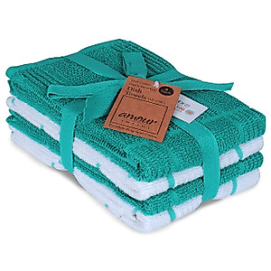 AMOUR INFINI Kitchen Towels Pack of 4 Absorbent, Quick Drying Premium Terry Cotton Dish Towel with Hanging Loop 16x28 Inch Hand & Tea Towels (Teal)