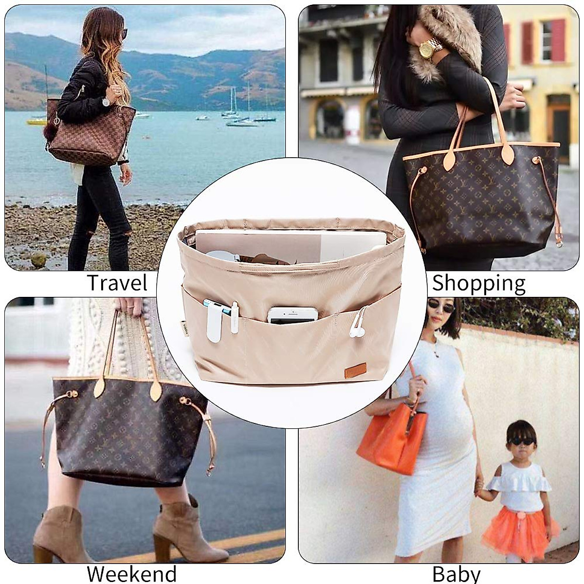 iN. Purse Organizer Insert with zipper Nylon fabric for women Handbags & Totebag beige Size: Large: 15.7"(Top)/12.2"(Bottom) L × 4.9" W × 10" H