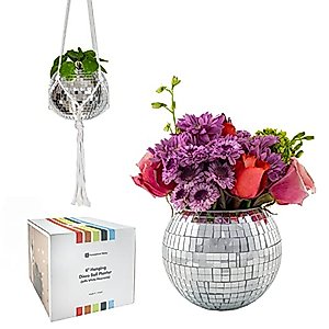 Havenstone Home Hanging Disco Ball Planter 6" with Flat Base - Includes Self-Watering Insert + White Cotton Macrame Plant Hanger- Indoor/Outdoor Plants, Home Décor & Room Décor with Cotton Rope