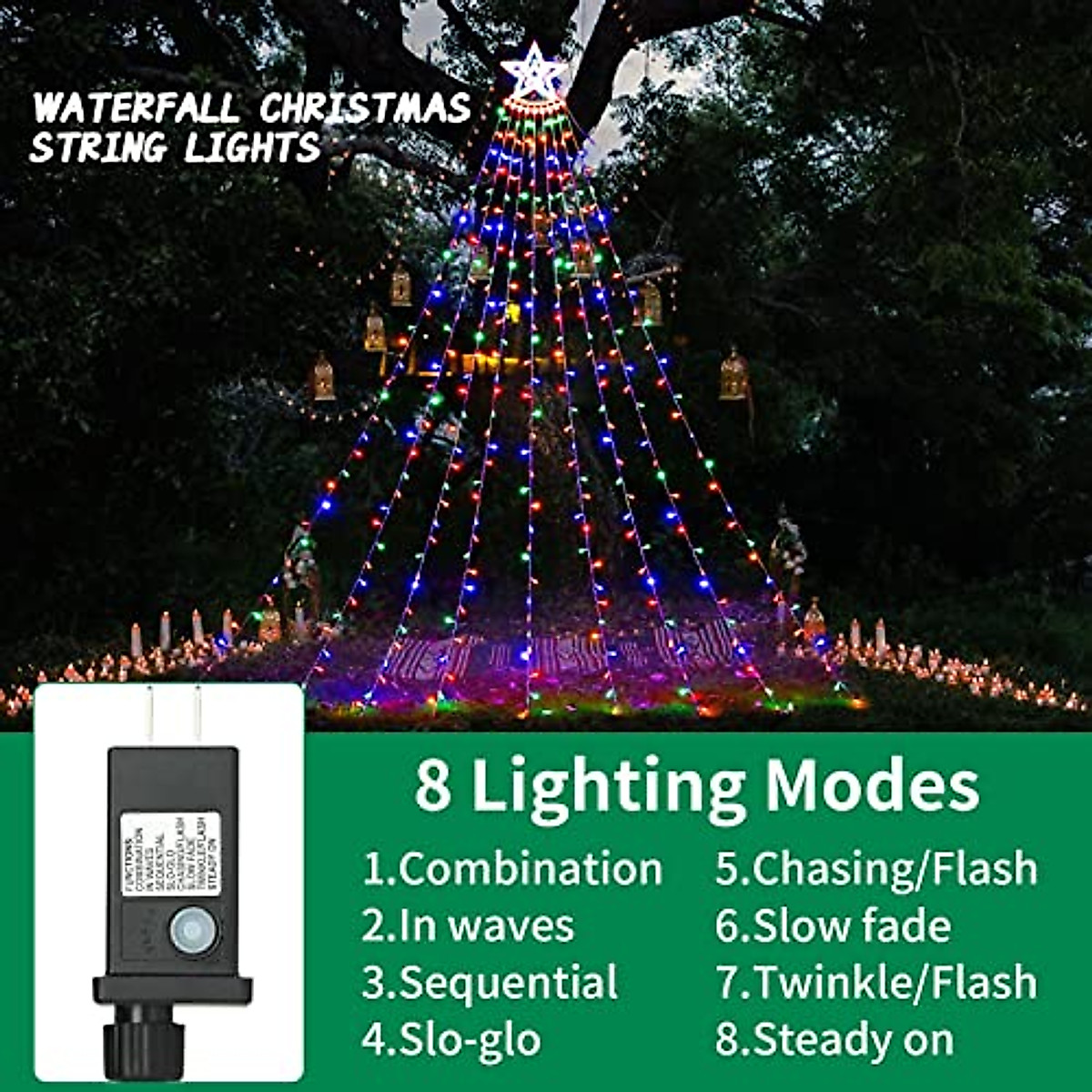Cobbe Christmas Decorations Outdoor Star String Lights,349 LED 8 Modes with 14" Topper Star Christmas Tree Lights,Star Waterfall Lights for Outside Tree Yard Wedding Home Party WJX-MULTI-1HD