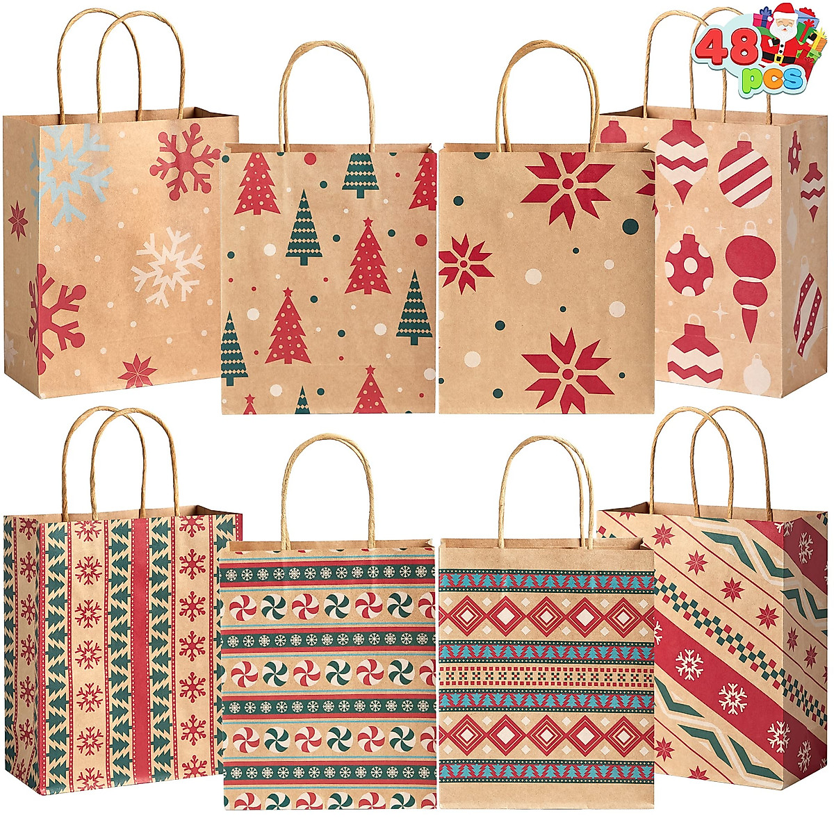 JOYIN 48 PCS Christmas Gift Bags, Kraft Bags with Handle Christmas Characters for Christmas Party Favors, Gift Giving, Holidays Decorations, Xmas Treat Bags