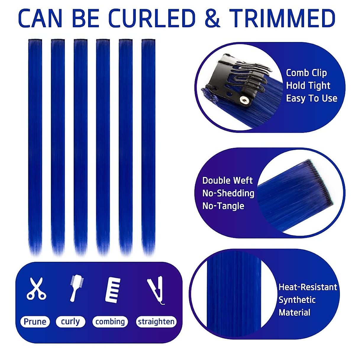 20 Inch Colored Hair Extensions Party Highlights Straight Colorful Clip In Hair Extensions Synthetic Rainbow Hairpieces for Girls Kids Gift(10Pcs Blue)