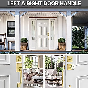 BonKuDoo Satin Brass Front Door Handle and Single Cylinder Deadbolt, Front Door Lock Set, Gold Entry Door Handle Set with Glass Door Knobs