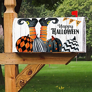 Texupday Happy Halloween Boo Witch Feet Pumpkin Decoration Mailbox Cover with Magnetic Strip Fall Holiday Mailbox Wraps Post Letter Box Cover Standard Size 21" X 18" for Garden Outdoor Yard Decor