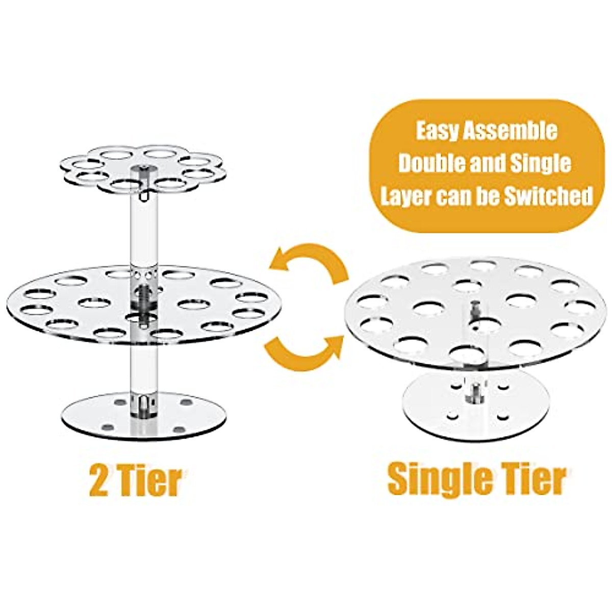 Ice Cream Cone Holder 2-Tier, 24-Cavity Round Clear Acrylic Waffle Cone Display Stand Baby Showers Birthday Parties Weddings Anniversaries Christmas Halloween Candy Decorative
